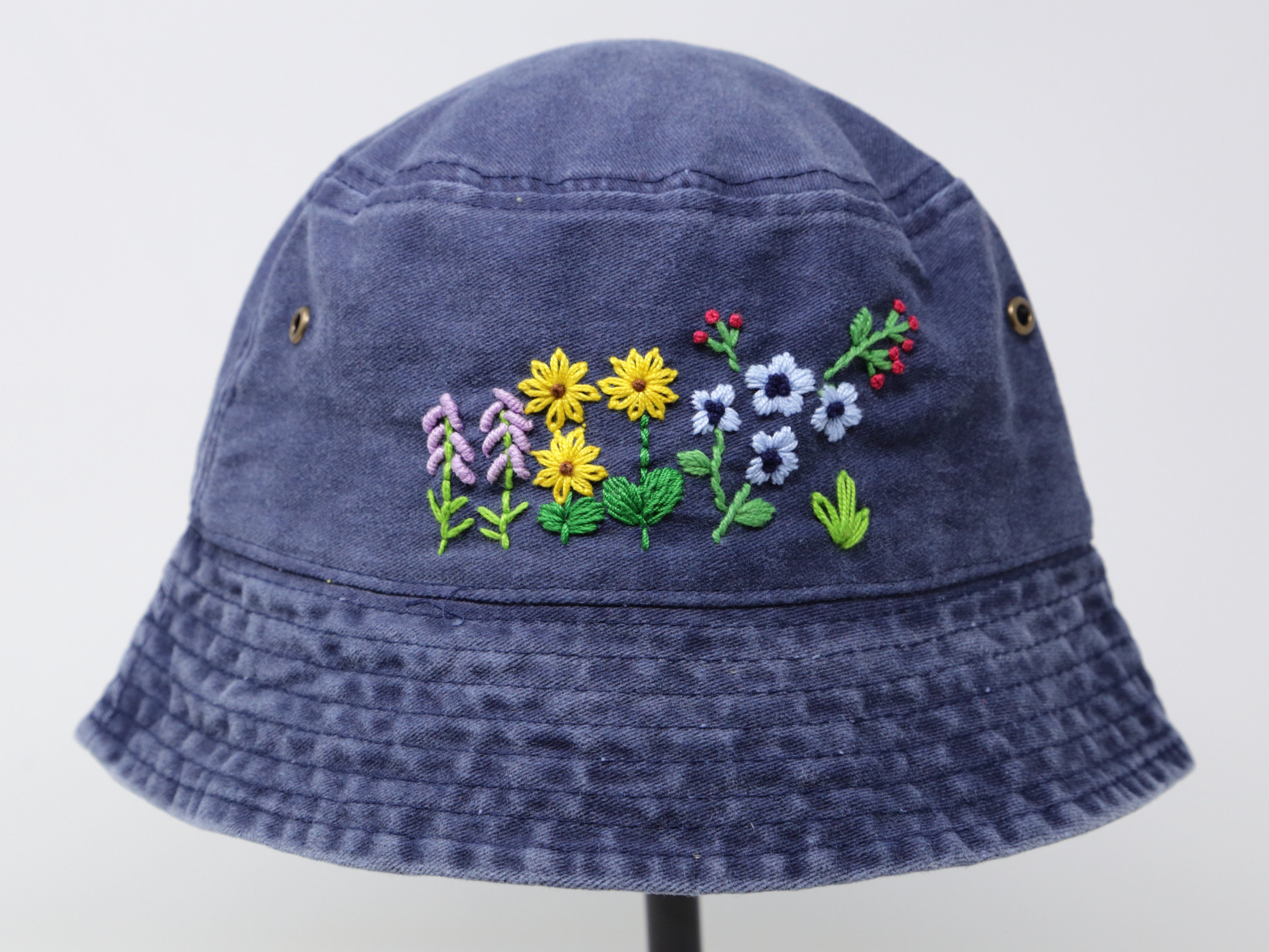 Washed Cotton Bucket Hat Hand Embroidered Flower Cap Short Etsy