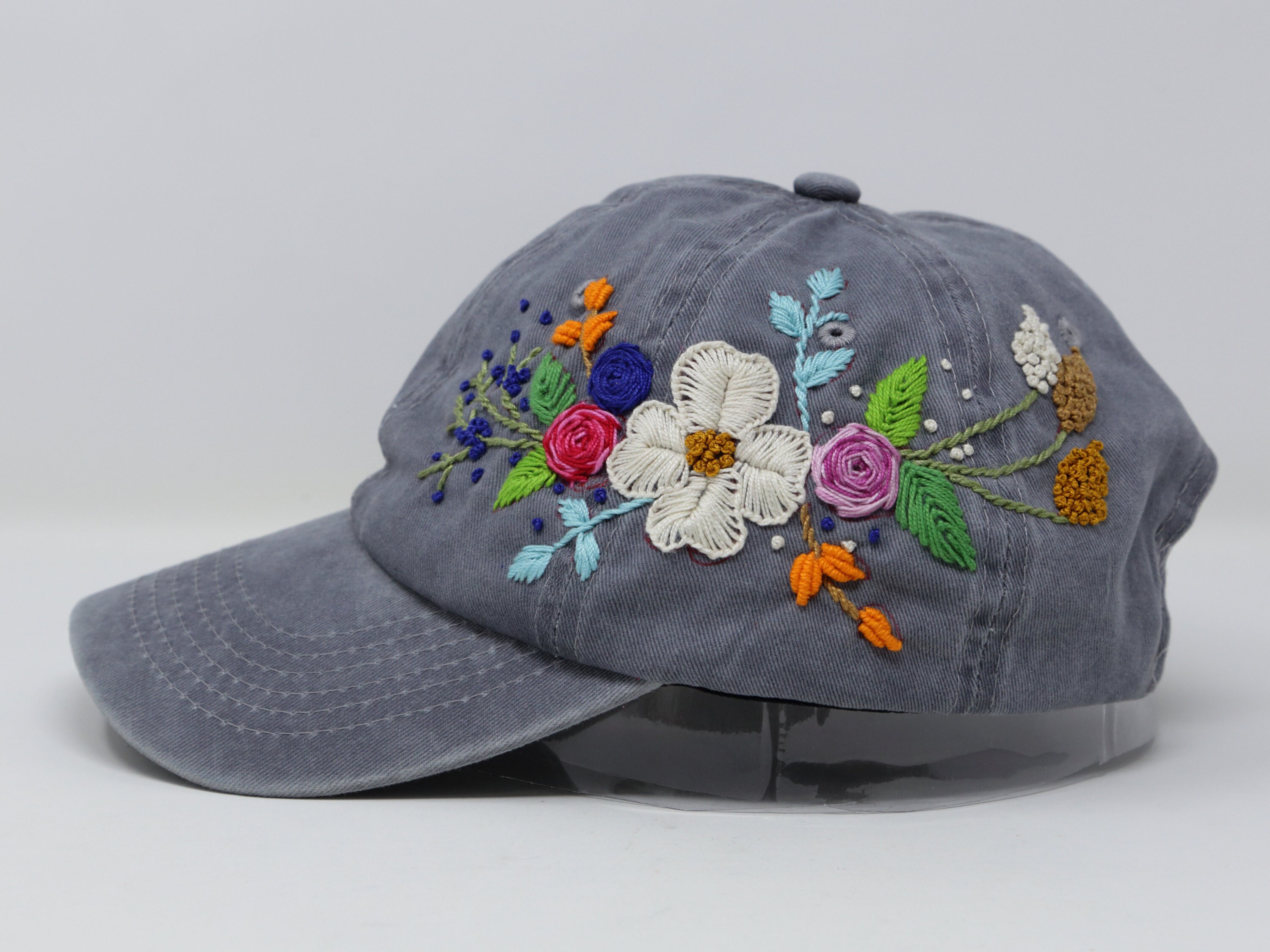 Wash Cotton Baseball Cap Large Hand Embroidered Flower Hat - Etsy