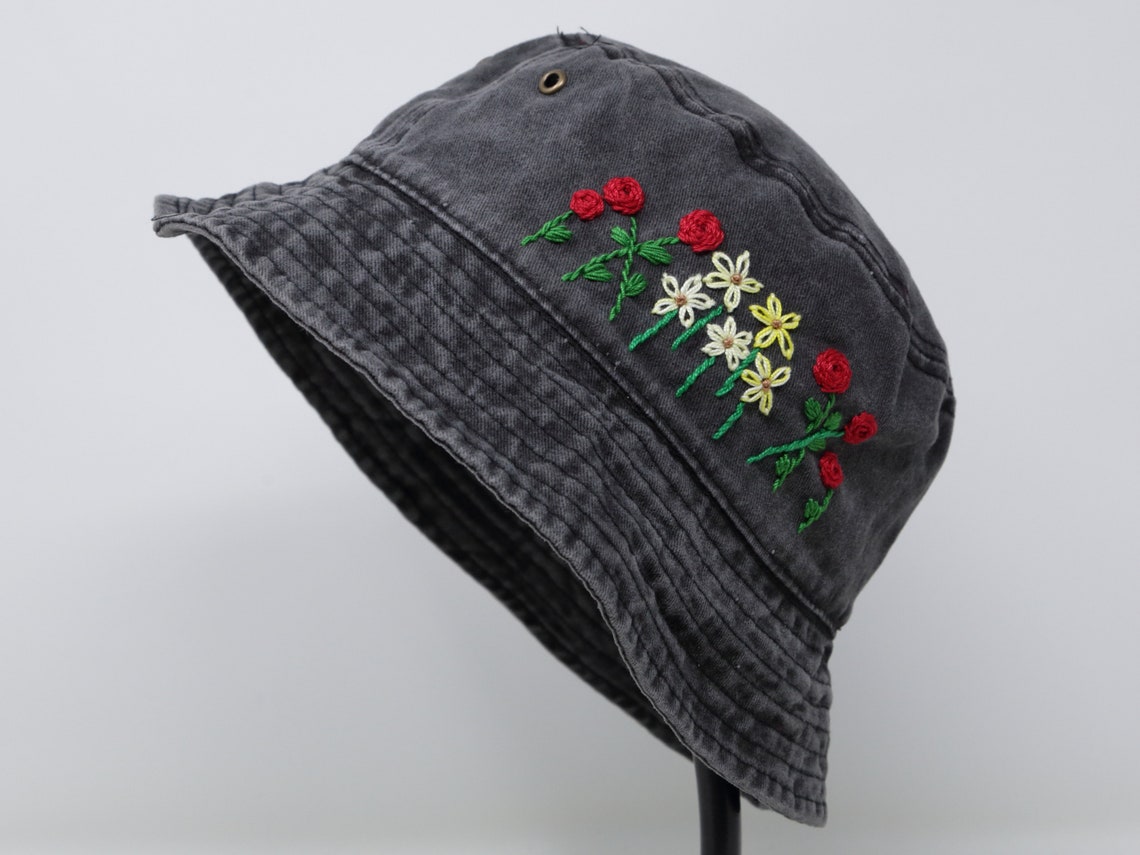 Washed Cotton Black Bucket Hat Hand Embroidered Star Rose | Etsy