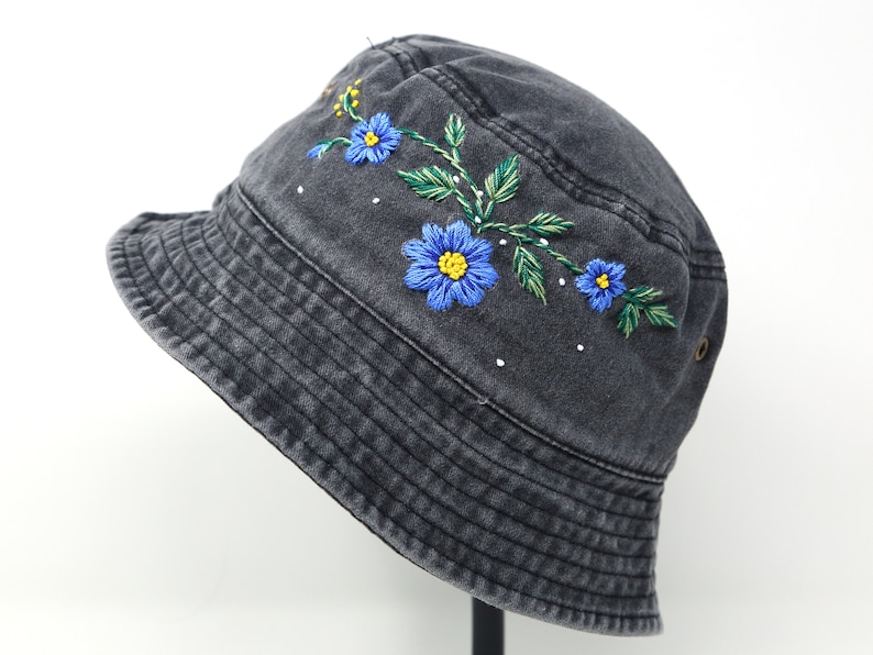 Washed Cotton Bucket Hat, Hand Embroidered Blue Flower Cap, Short Brim ...