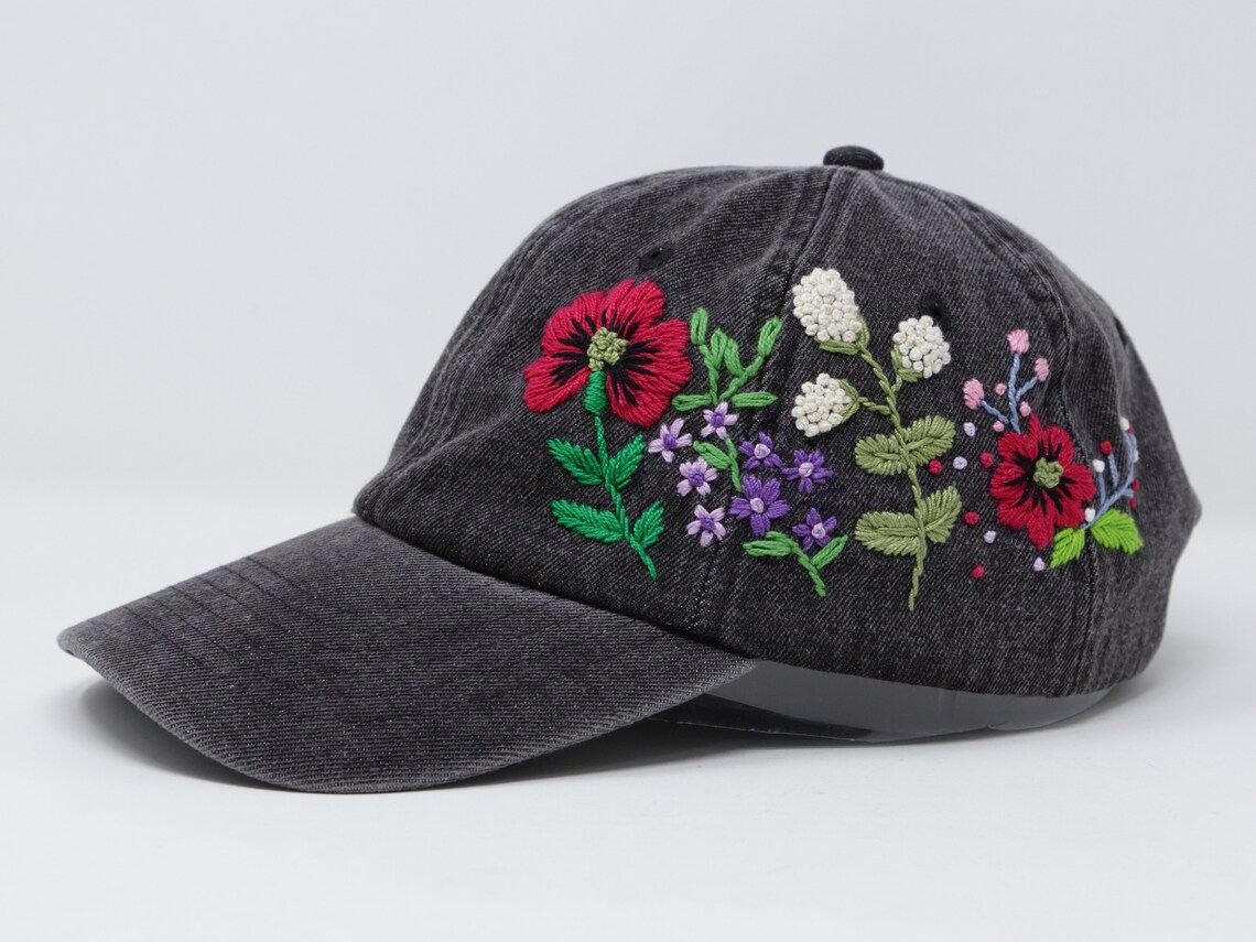 Wash Cotton Baseball Cap Large Hand Embroidered Flower Hat - Etsy