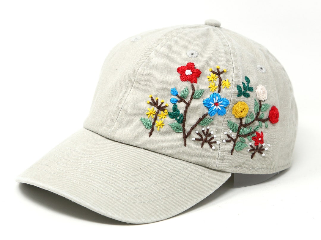 Hand Embroidered Flower Garden Cotton Baseball Cap, Hand Embroidered ...
