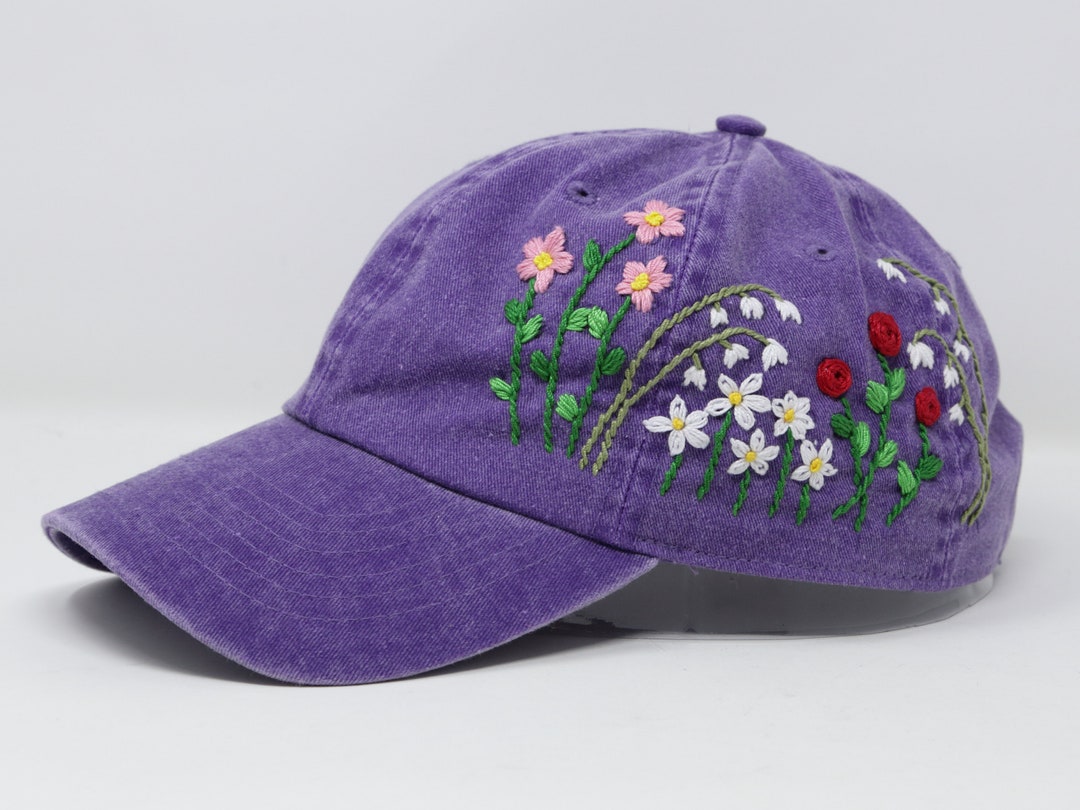 Wash Cotton Purple Baseball Cap, Hand Embroidered Flower Hat Cap ...
