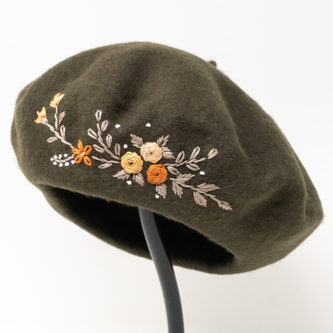 French Beret With Hand-stitched Floral Rose Designs Olive Green Pumpkin ...