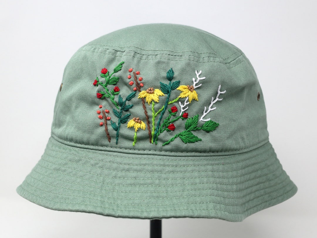 Hand Embroidered Wild Flower Garden Bucket Hat Green Cap Short Brim Sun ...