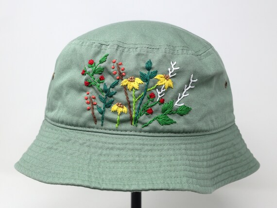 Hand Embroidered Wild Flower Garden Bucket Hat Green Cap Short - Etsy