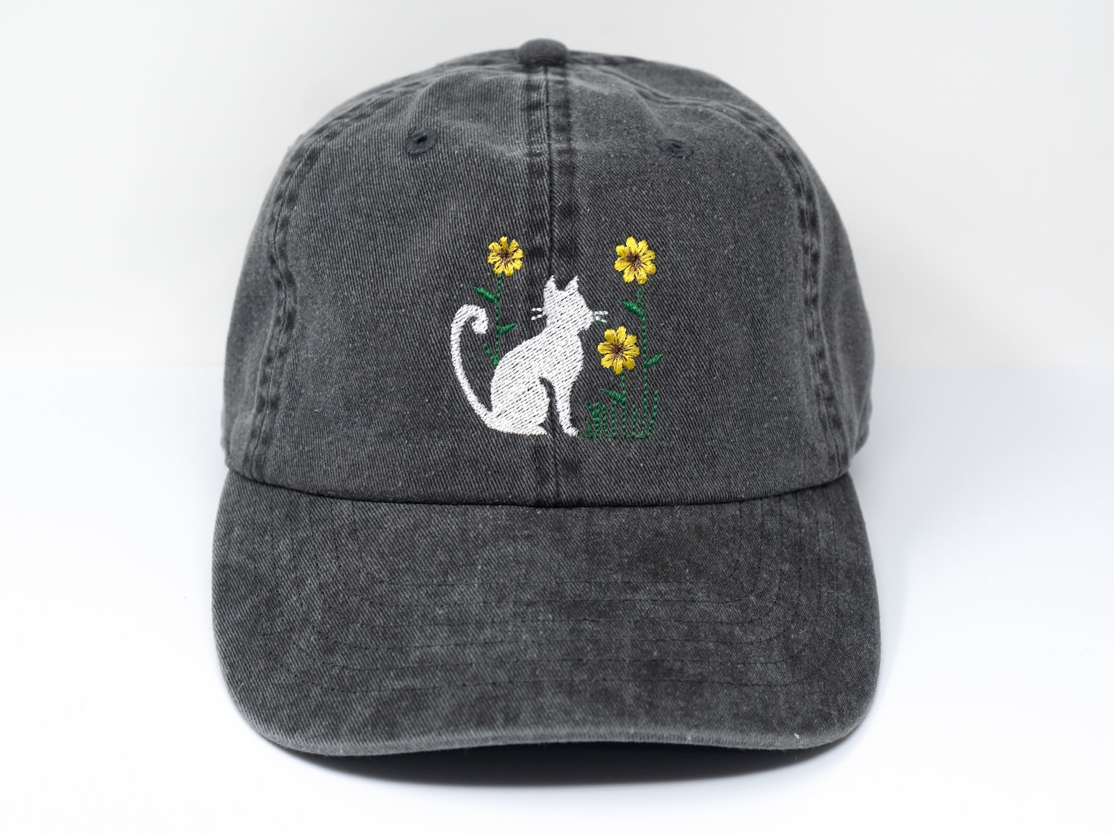 Cat and Flower Embroidered Kitten Baseball Cap, Washed Cotton Curve ...