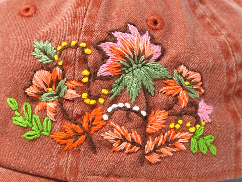 Hand Embroidered Orange Autumn Flower Cotton Baseball Cap, Hand ...