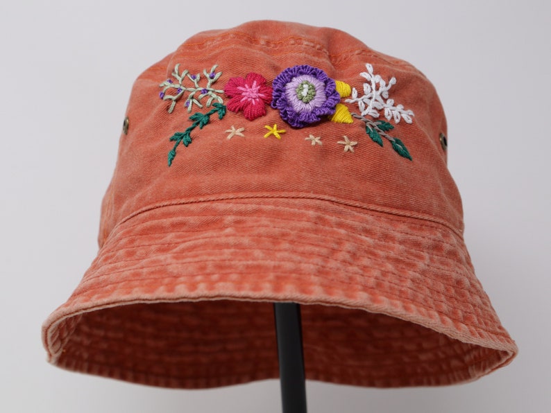 Washed Cotton Bucket Hat Hand Embroidered Flower Cap Etsy