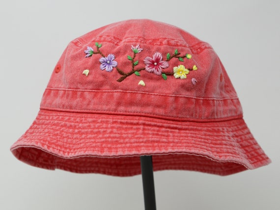 Washed Cotton Bucket Hat Hand Embroidered Blossom Flower Cap Etsy