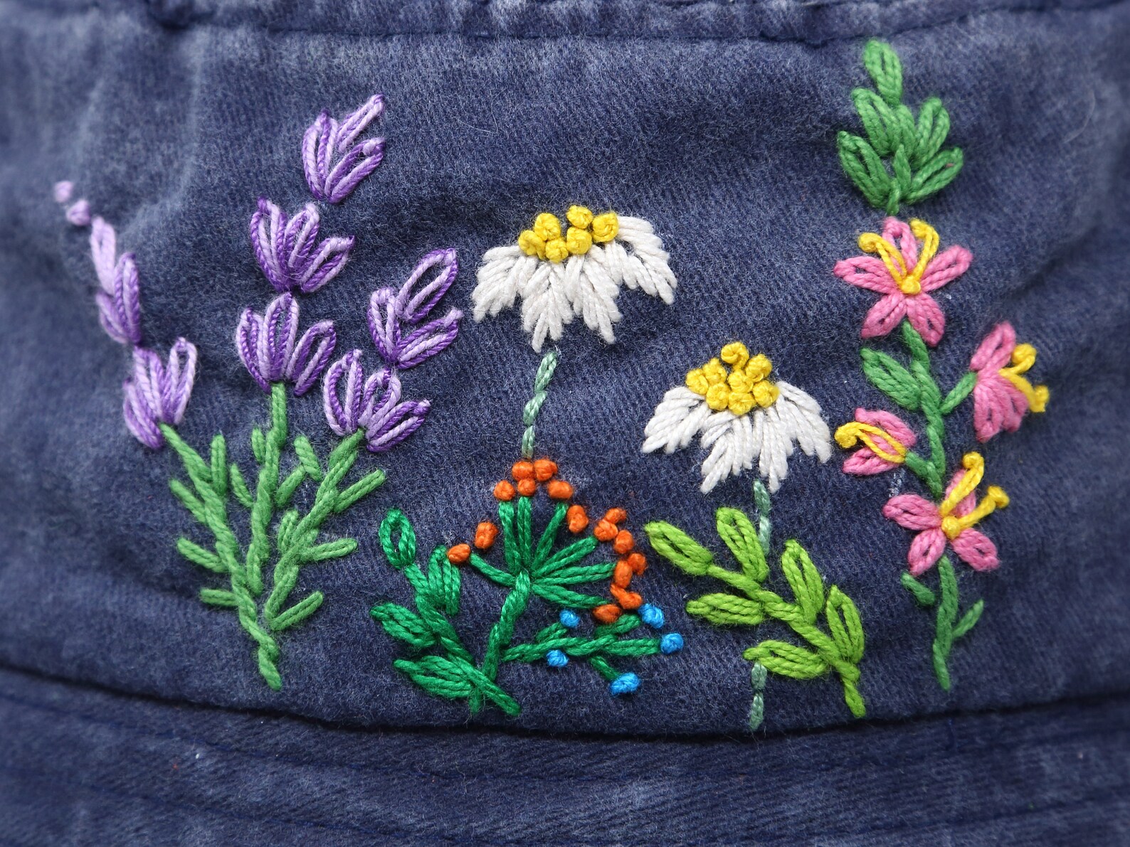 Hand Embroidered Daisy Lavender Flower Bucket Hat, Washed Cotton Short ...