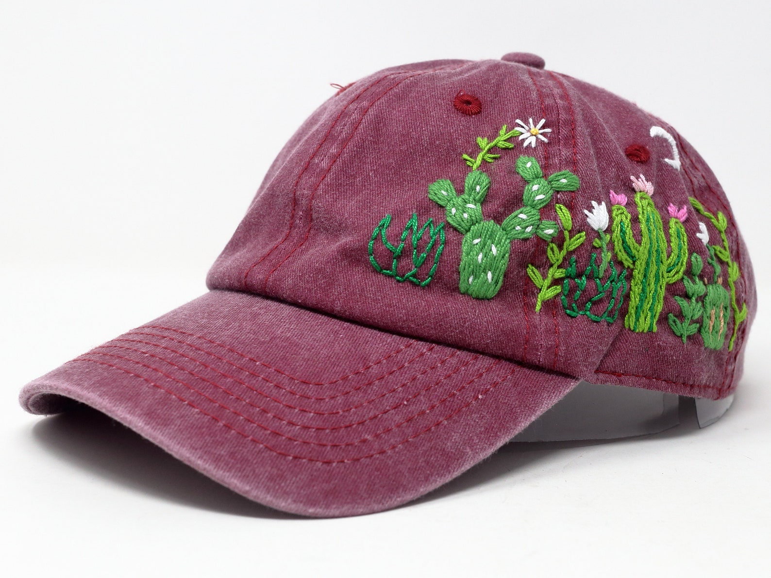Cactus Embroidered Wash Cotton Baseball Cap, Hand Embroidered Sun Hat ...