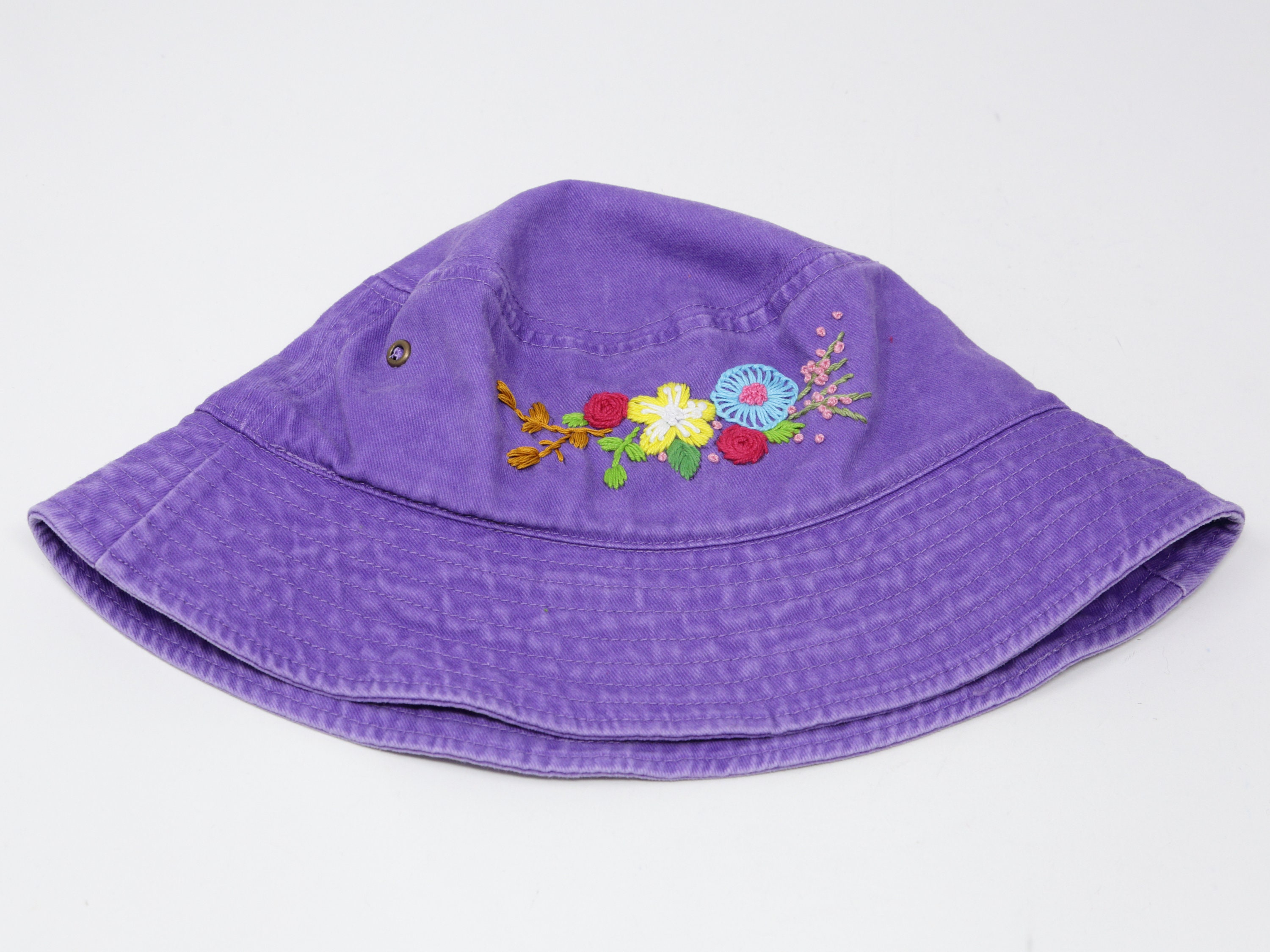 Washed Cotton Bucket Hat Hand Embroidered Flower Cap Short Etsy
