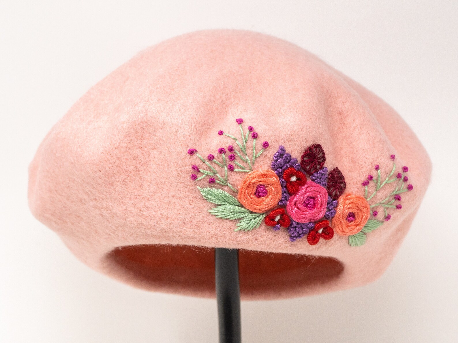 Parisian Style Light Baby Pink Wool Beret With Hand-embroidered Flowers ...
