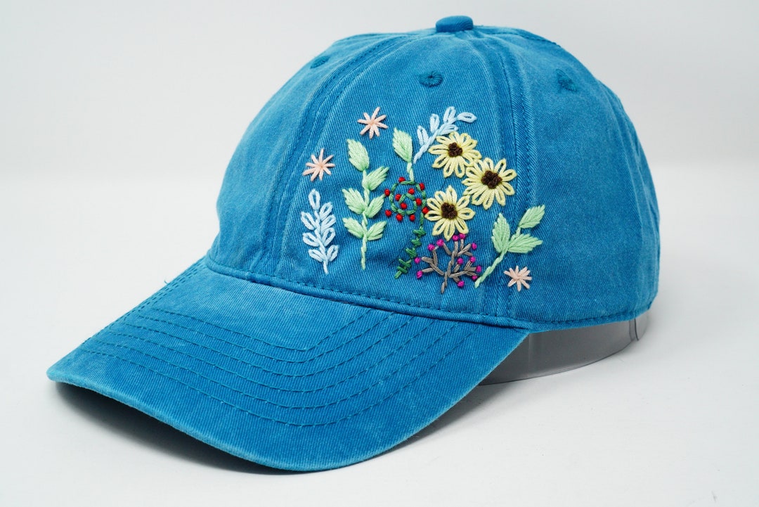 100% Cotton Baseball Cap, Hand Embroidered Mix Flower Hat, Curved Brim ...