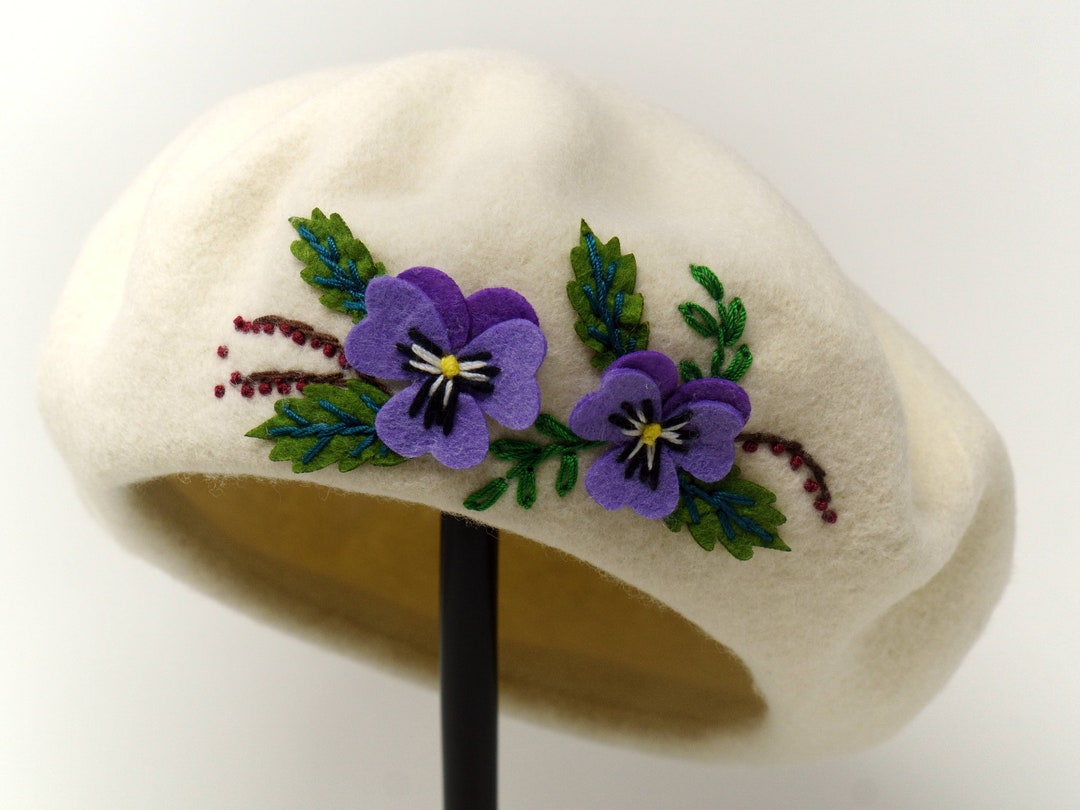 100% Wool Beret Hat, Handmade French Cap Pansy Flower Hand Embroidered ...