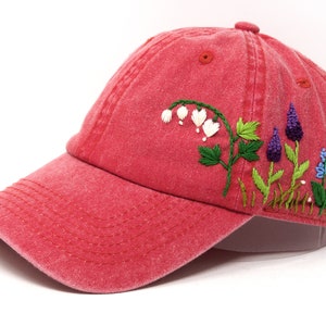 Spring Blossom Cotton Baseball Cap Washed Red - Hand-embroidered With ...