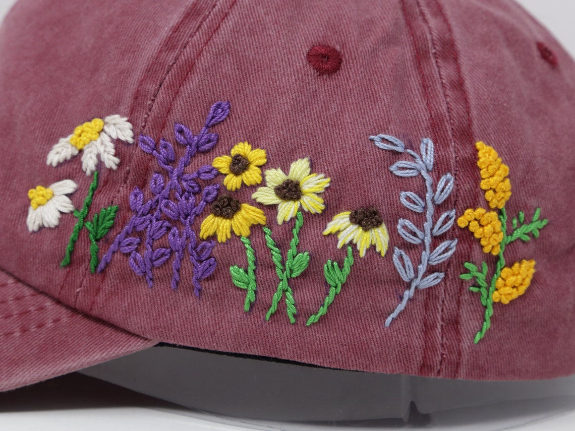 Wash Cotton Red Baseball Cap Hand Embroidered Flower Hat - Etsy