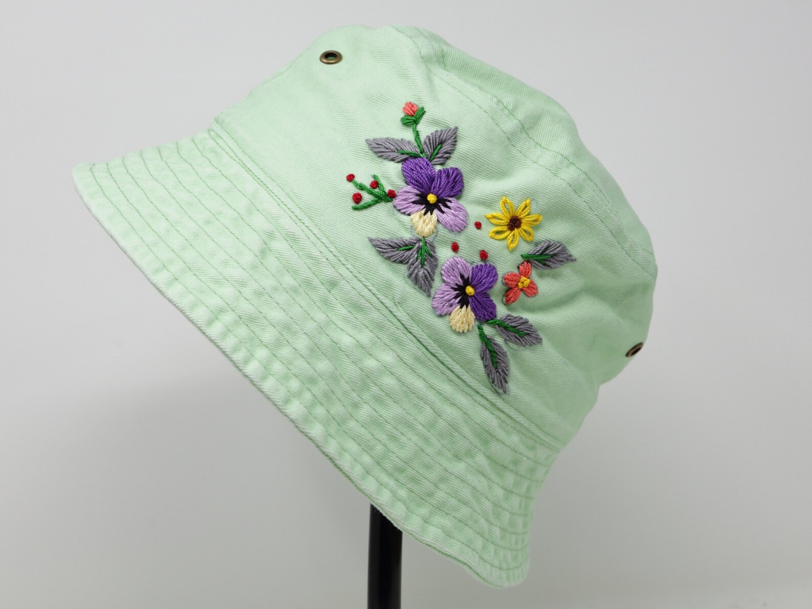 Washed Cotton Bucket Hat Hand Embroidered Flower Cap Short Etsy