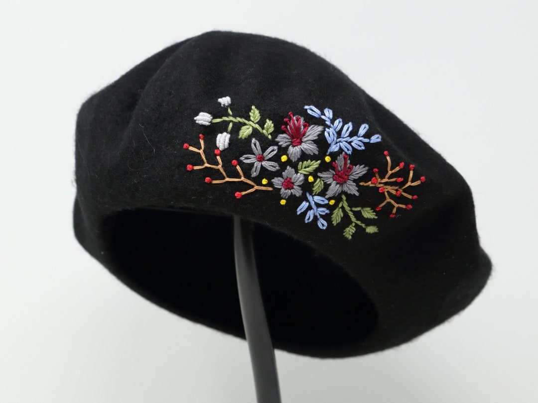 Handmade Hand Embroidered Wild Flower 100% Wool Beret Hat, Warm Winter ...