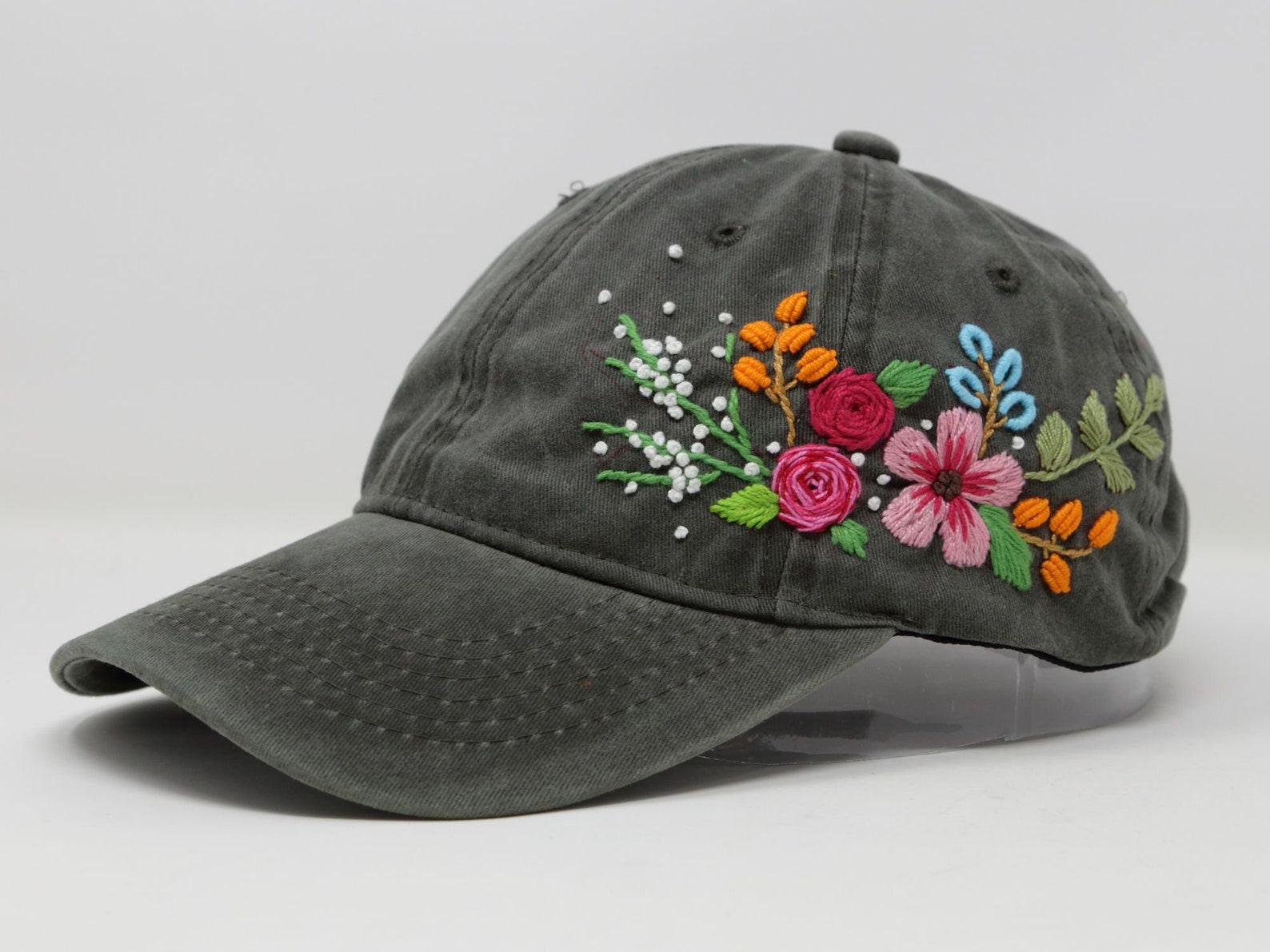 Wash Cotton Baseball Cap Large Hand Embroidered Flower Hat - Etsy