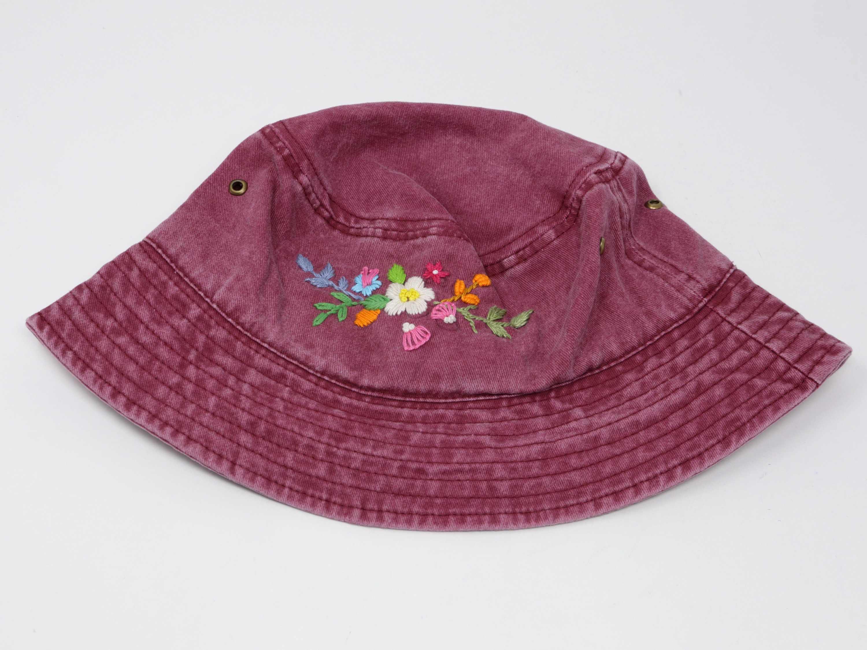 Washed Cotton Bucket Hat Hand Embroidered Flower Cap Short Etsy