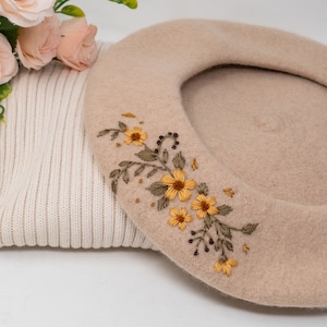 Chic Wool Beige Beret Adorned With Hand-stitched Cute Floral Design ...