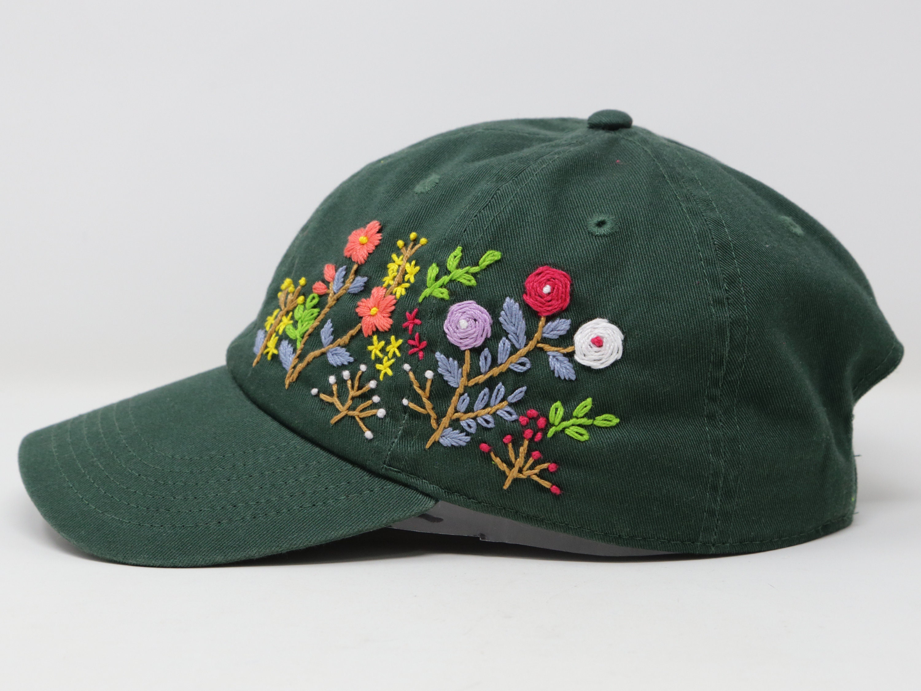 Hand Embroidered Flower Garden Cotton Baseball Cap, Hand Embroidered ...