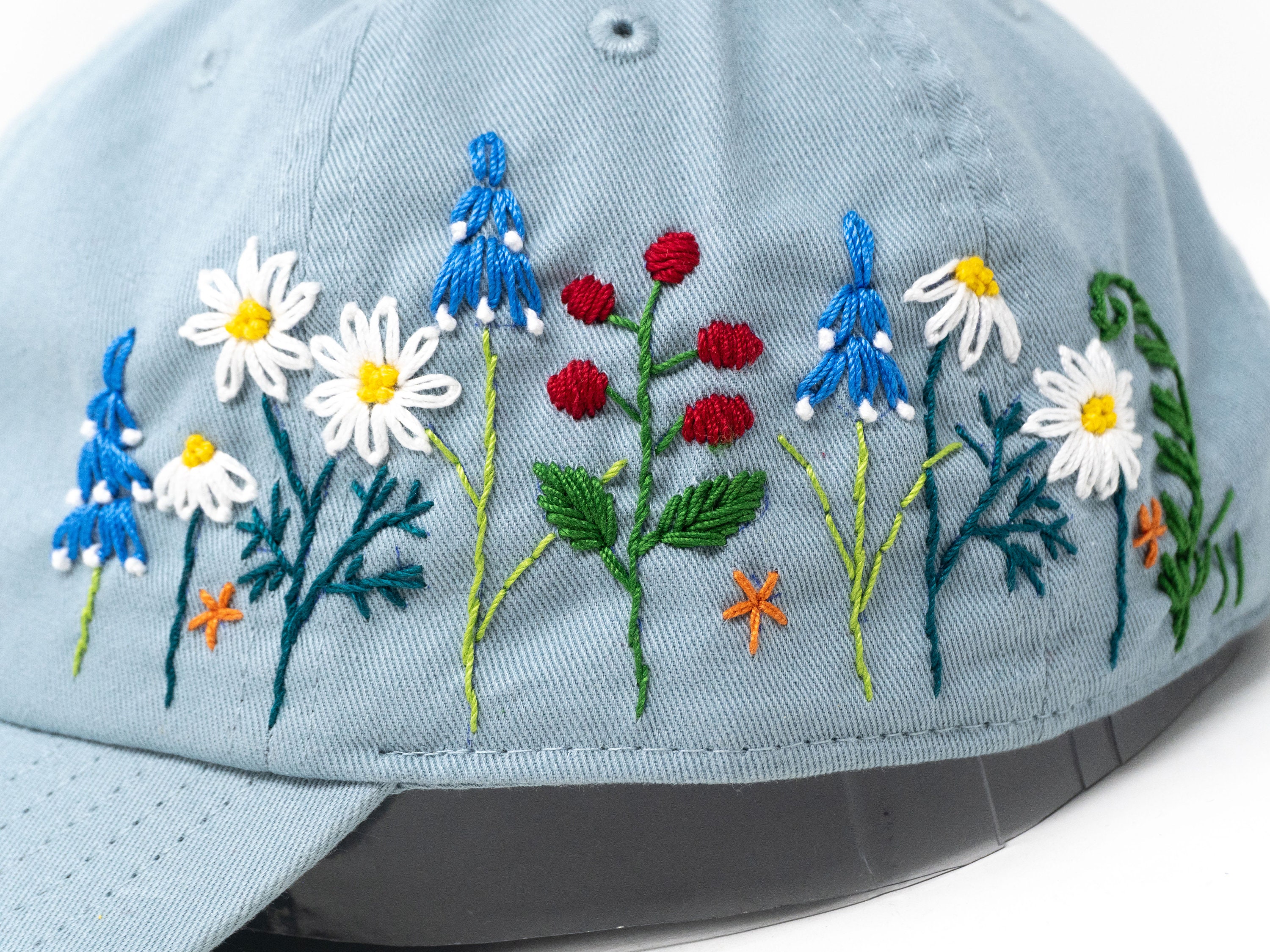 Garden Couture: Hand-embroidered Floral Faded Light Blue Baseball Cap ...