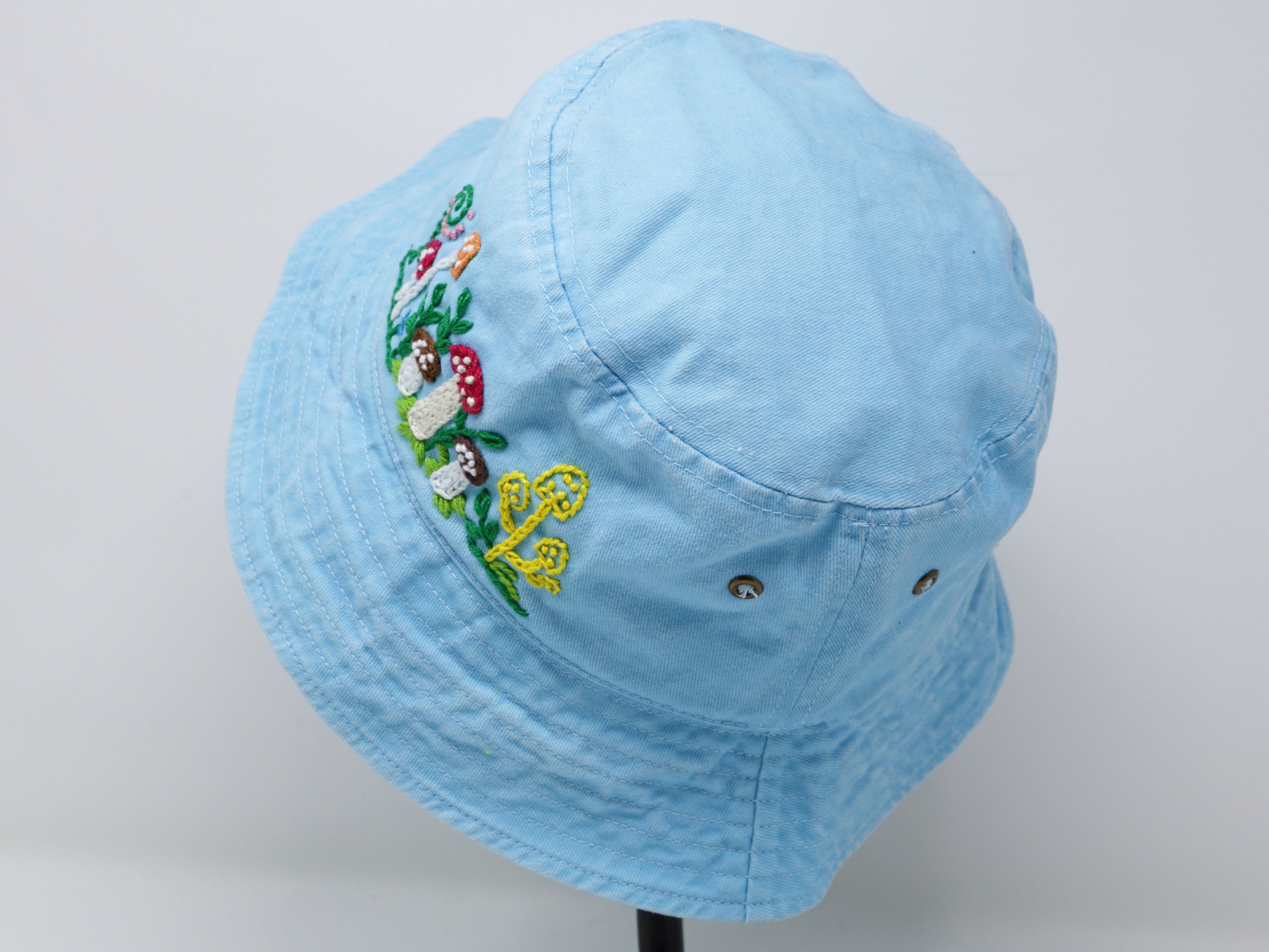 Washed Cotton Bucket Hat Hand Embroidered Mushroom Cap Short Etsy Uk
