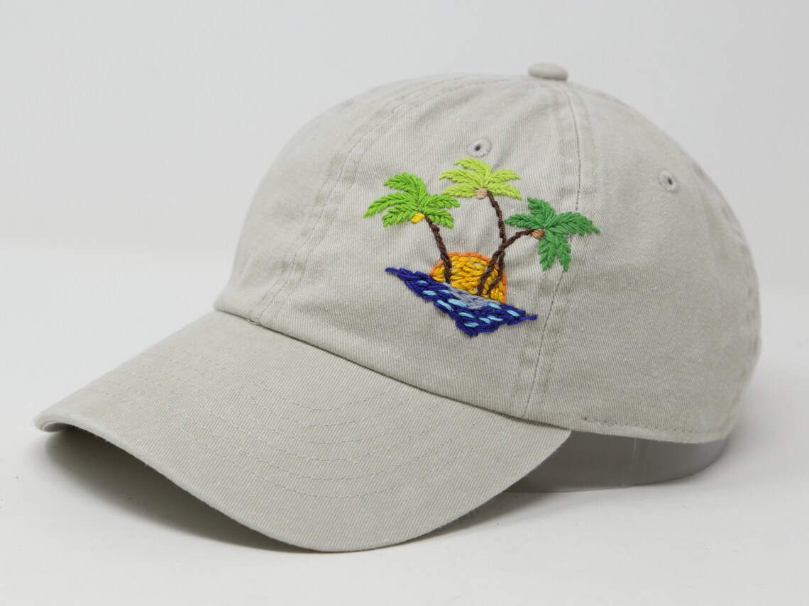 100% Cotton Black Baseball Cap Hand Embroidered Coconut Palm - Etsy