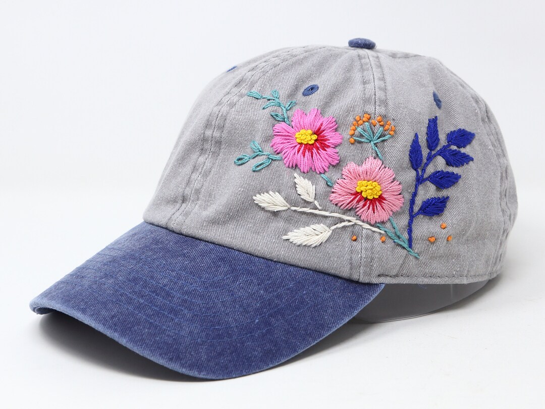Hand Embroidered Handmade Pink Flowers Floral Baseball Cap Curve Brim 2 ...