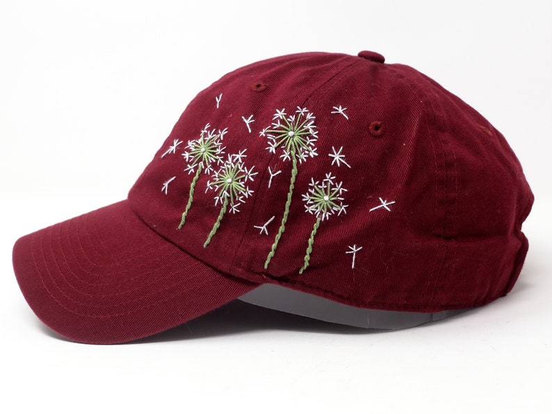 Wash Cotton Baseball Cap, Hand Embroidered Dandelion Garden Hat, Curved ...