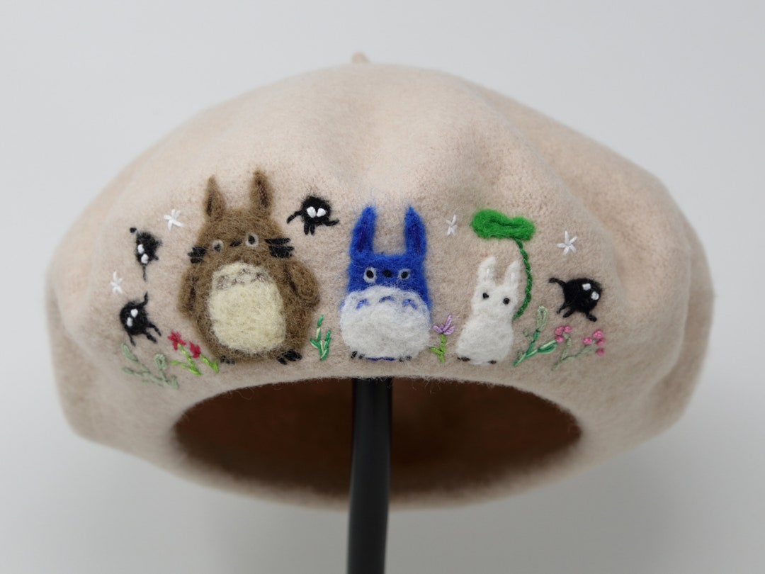 100% Wool Beret Handmade Totoro Anime Needle Felting Embroidery Hat ...