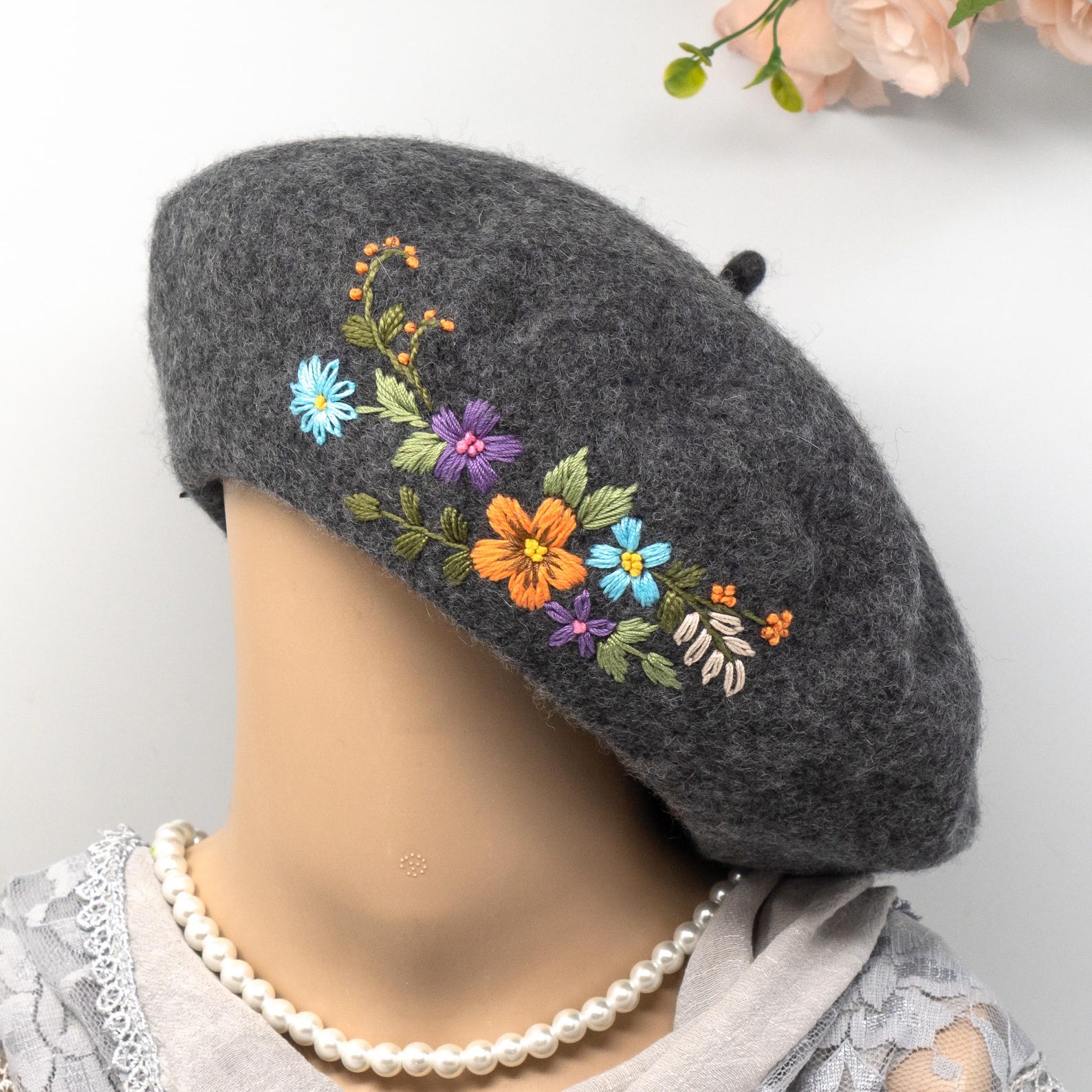 100% Wool Beret Natural Gray, Hand Embroidered Floral Flower Lavender ...
