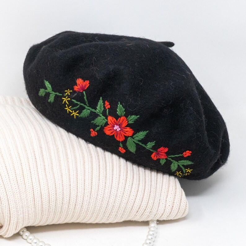 Handcrafted Wool Beret With Floral Embroidery – Khaki Brown French ...
