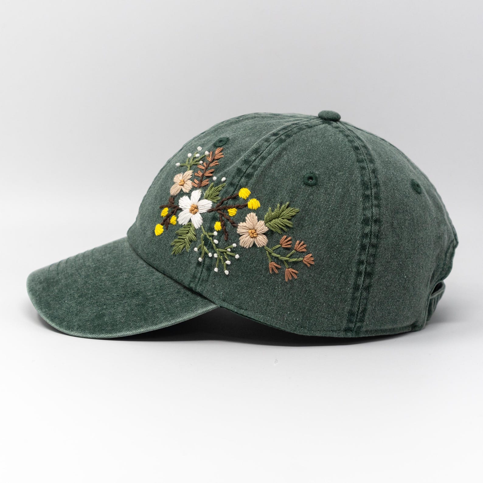 Boho Floral Embroidered Green Baseball Cap – Cute Wildflower Design ...