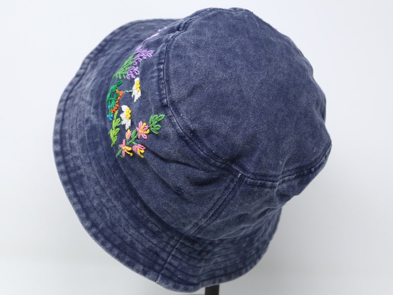 Hand Embroidered Daisy Lavender Flower Bucket Hat, Washed Cotton Short ...