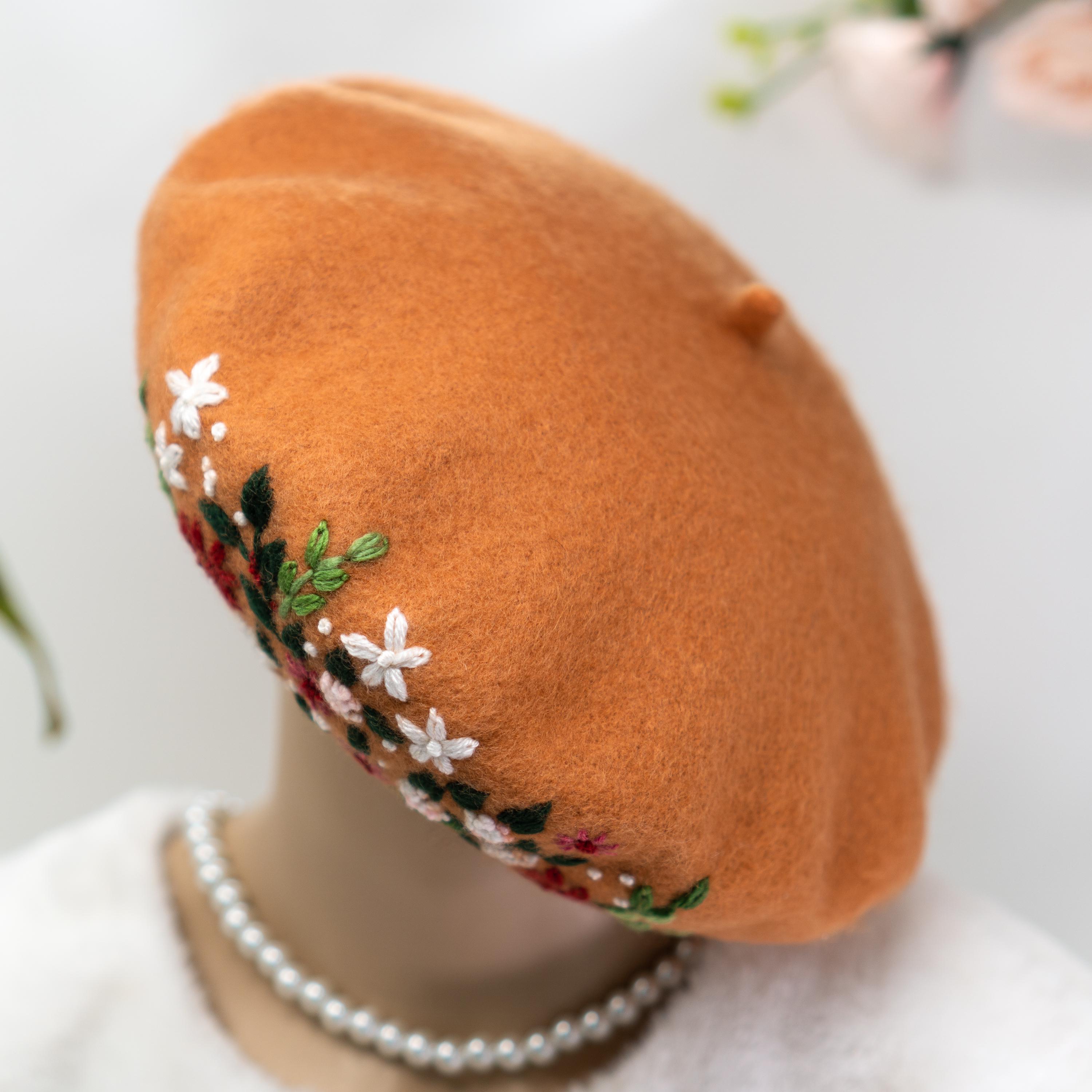 Hand Embroidered Wool French Beret With Floral Accent | Pumpkin Artisan ...