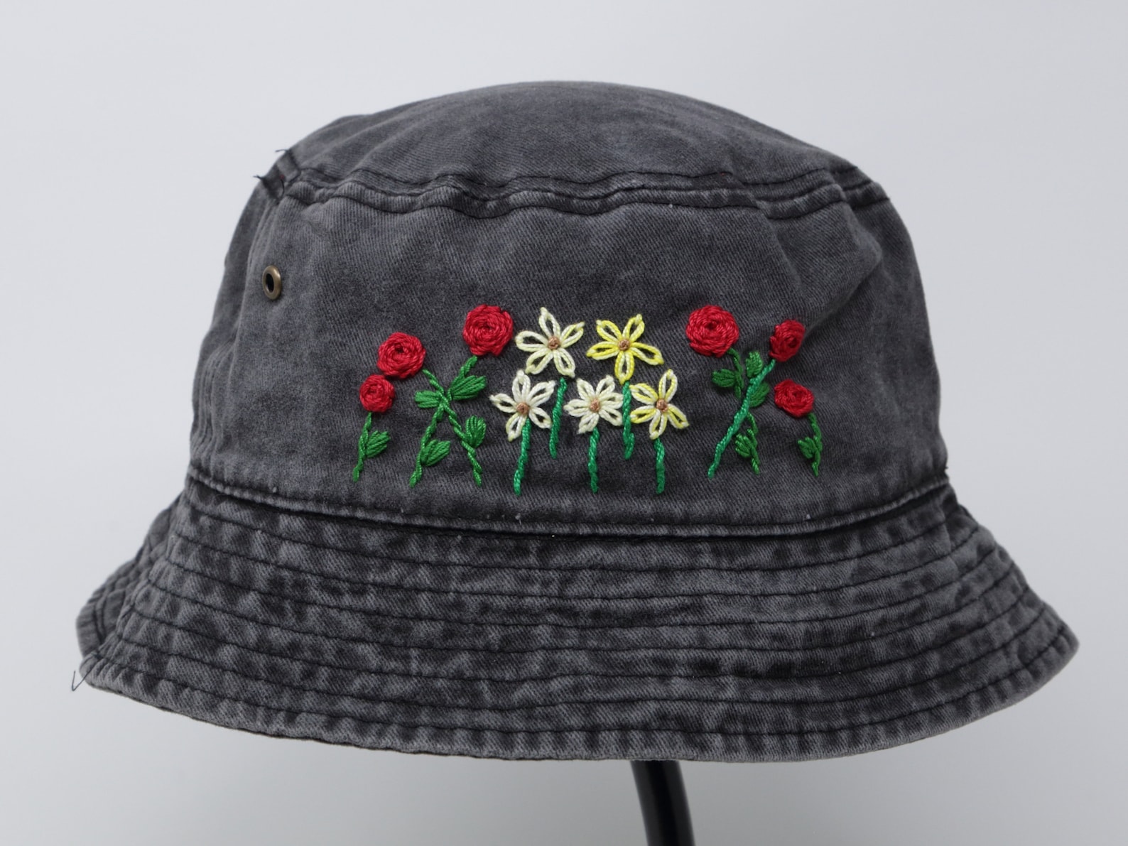 Washed Cotton Black Bucket Hat, Hand Embroidered Star Rose Flower Cap ...