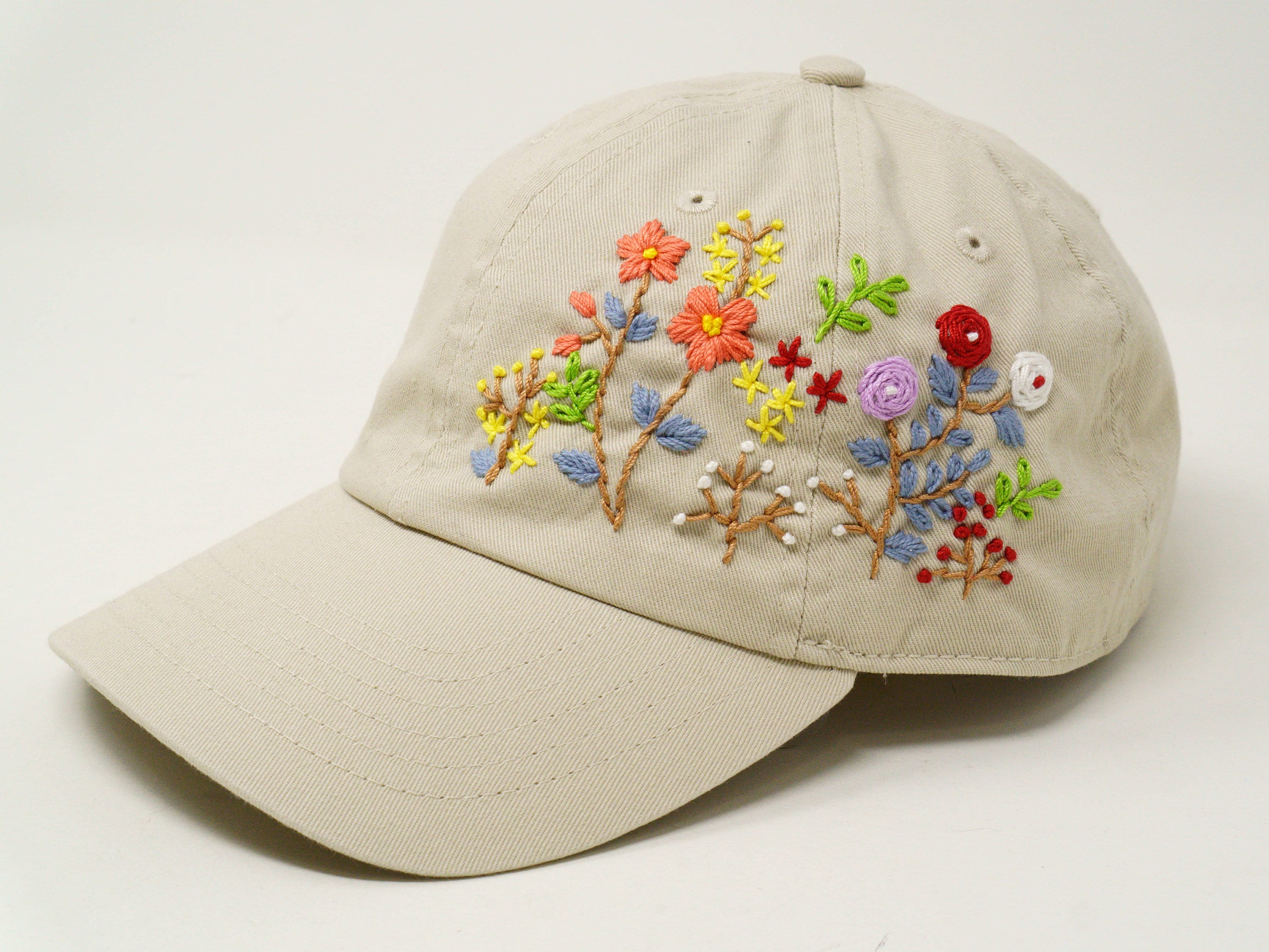 Hand Embroidered Flower Garden Cotton Baseball Cap, Hand Embroidered ...