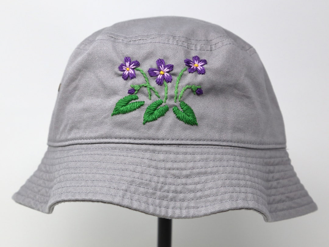 Summer Cotton Bucket Hat, Hand Embroidered Purple Violet Flower Cap ...