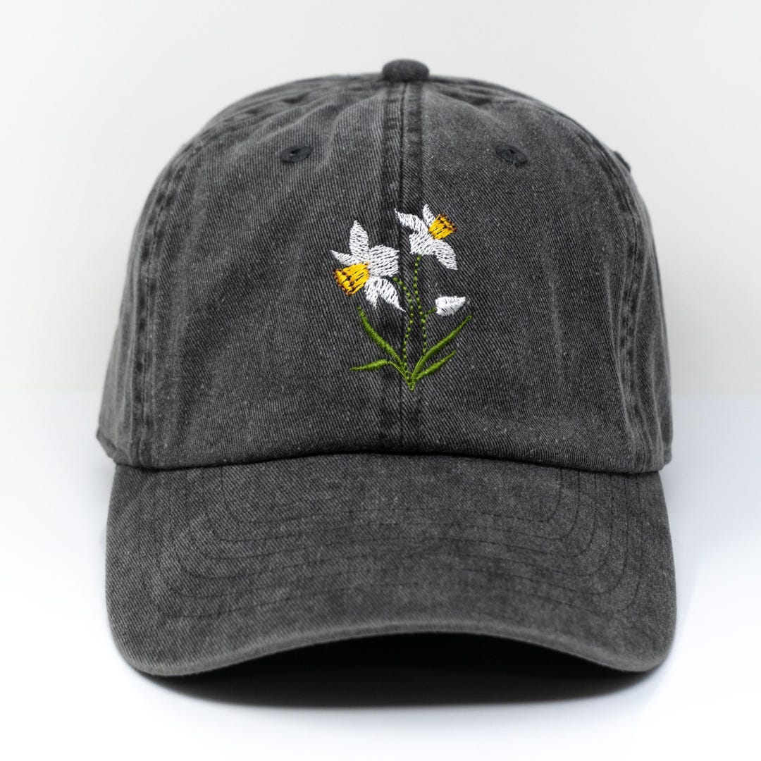 Daffodil Flower Embroidered Baseball Cap, Washed Cotton Curve Brim ...