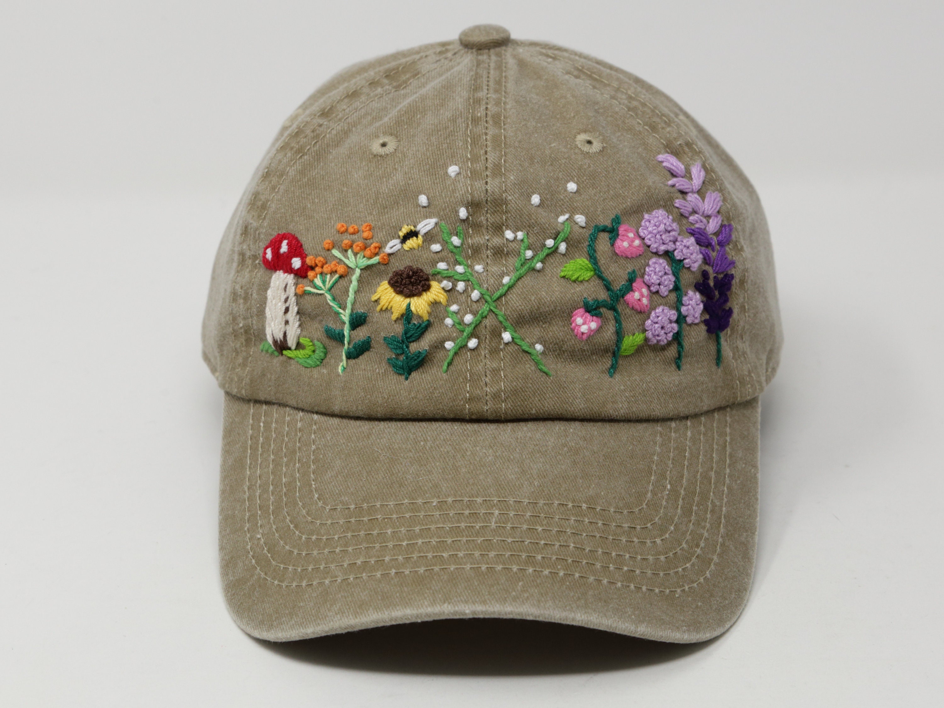Wash Cotton Baseball Cap Large Hand Embroidered Mushroom - Etsy