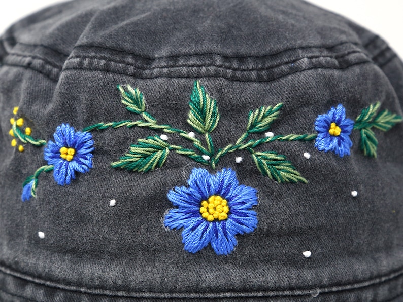 Washed Cotton Bucket Hat, Hand Embroidered Blue Flower Cap, Short Brim ...