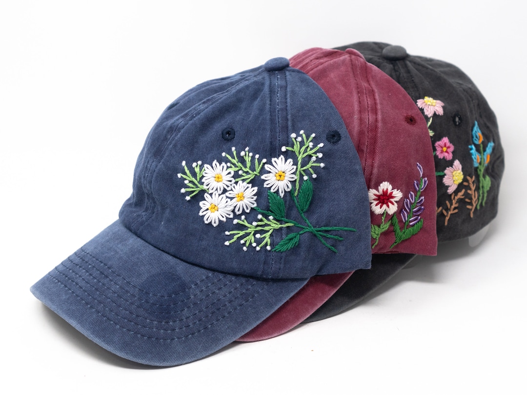 Wash Cotton Baseball Cap, Hand Embroidered Flower Hat, Mix Floral ...