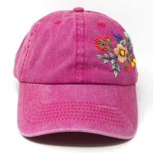 Hand Embroidered Cute Flower Wash Cotton Hot Pink Baseball Cap, Hand ...