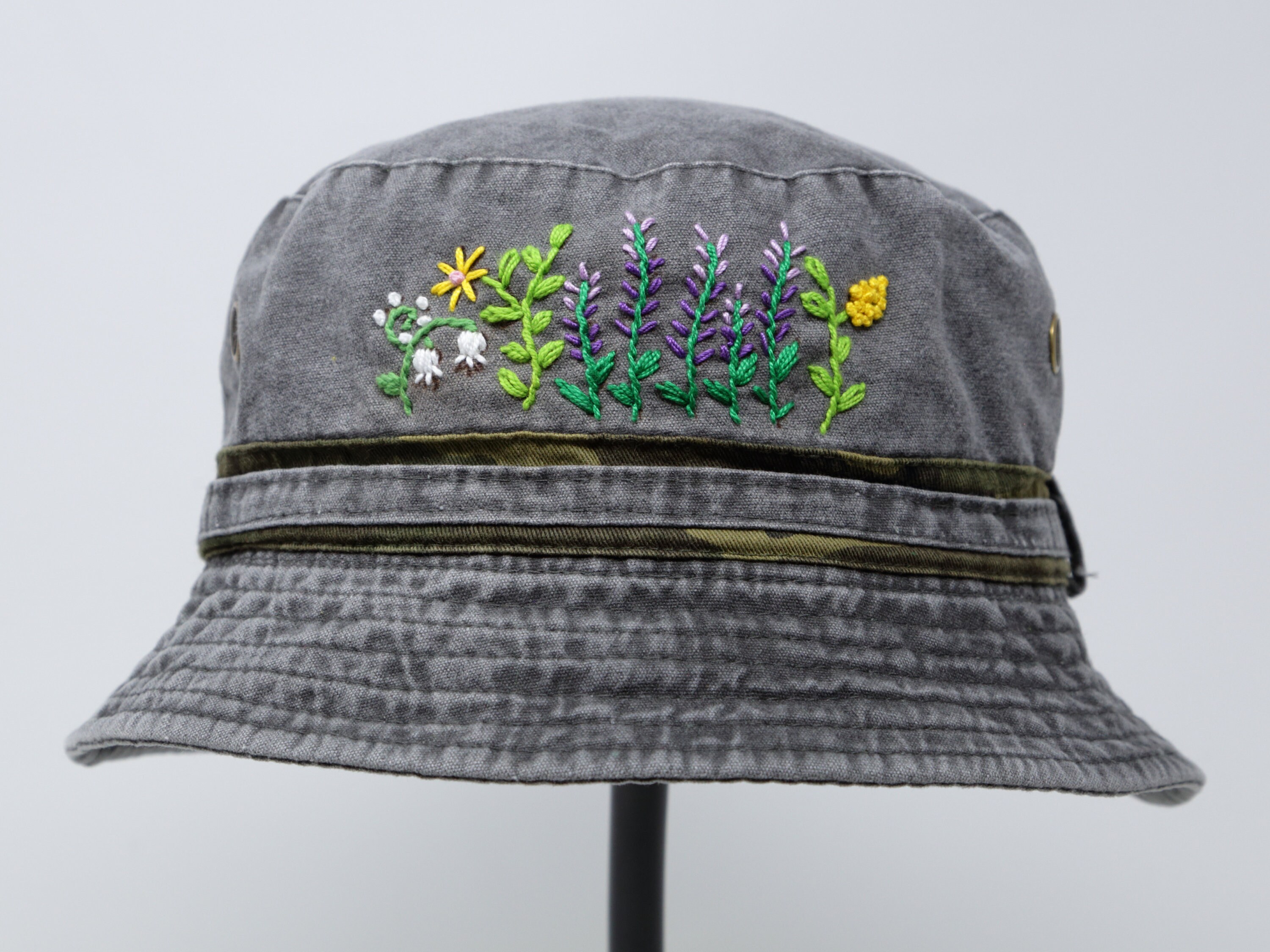 Hand Embroidered Lavender Wild Flower Bucket Hat Jean Black Etsy
