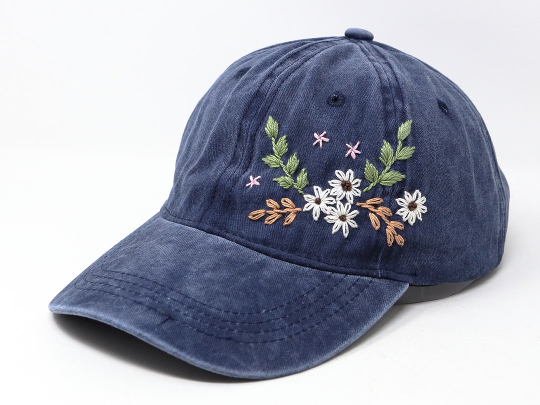 Flower Embroidered Cotton Baseball Cap, Hand Embroidered Daisy Fern ...