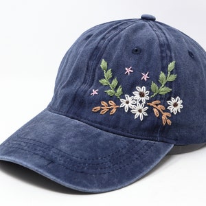 Flower Embroidered Cotton Baseball Cap, Hand Embroidered Daisy Fern ...
